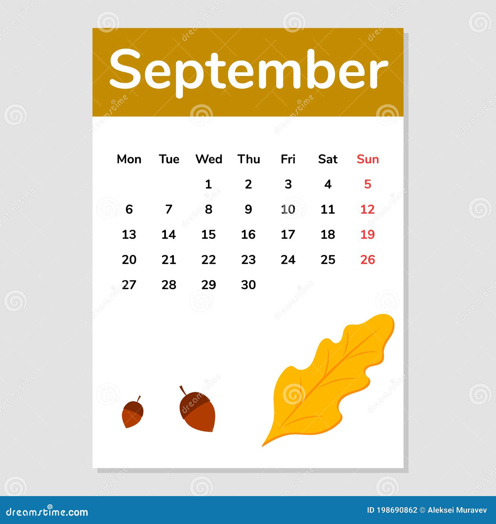 September 2021 Calendar Sheet with Autumn Leaf Illustration. Vector ...