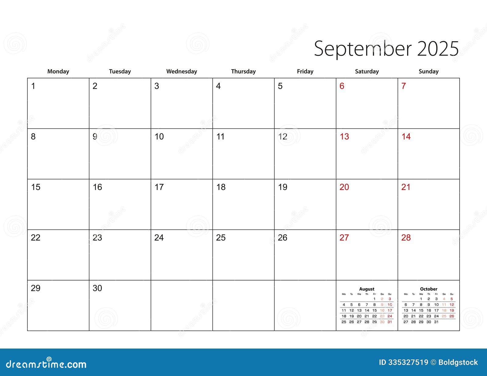 September 2025 Simple Calendar Planner, Week Starts From Monday Cartoon ...