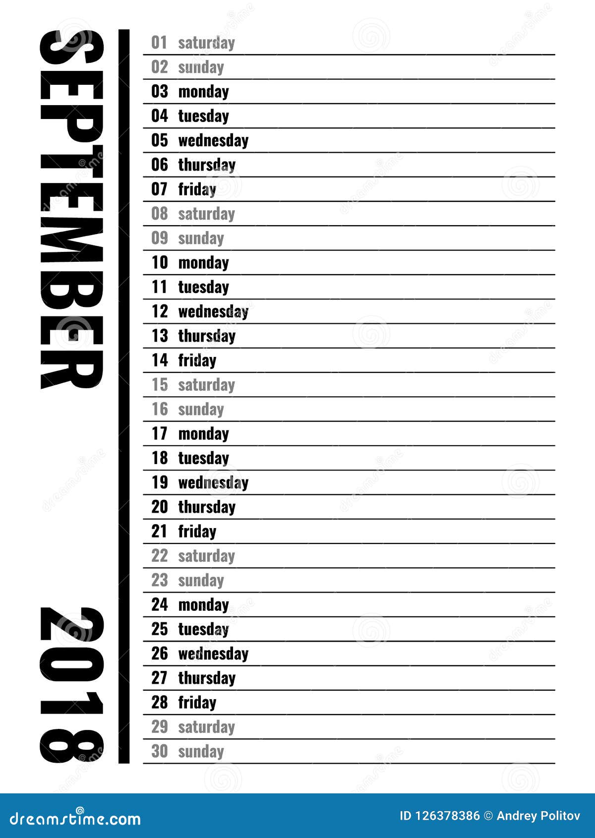 September 2018, Vertical Personal Organizer Stock Vector - Illustration ...