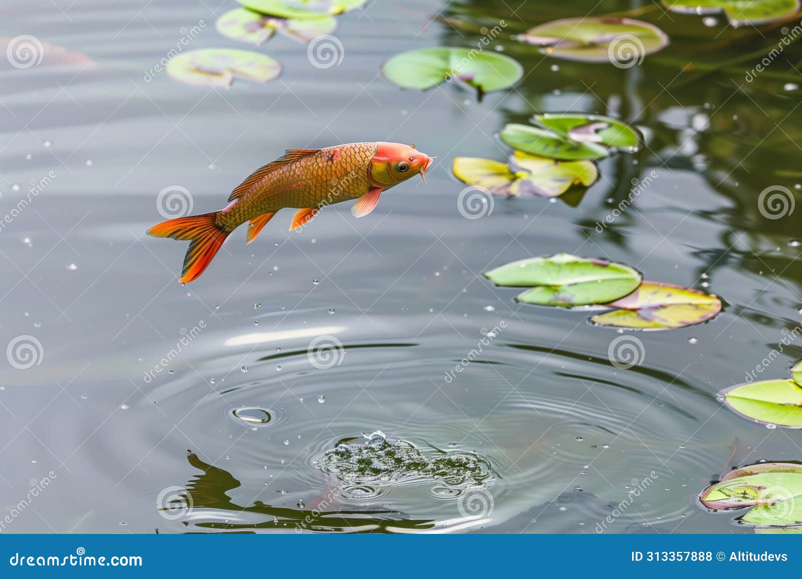 Sequence of a Carp Jumping in a Pond with Lily Pads Stock Photo - Image ...