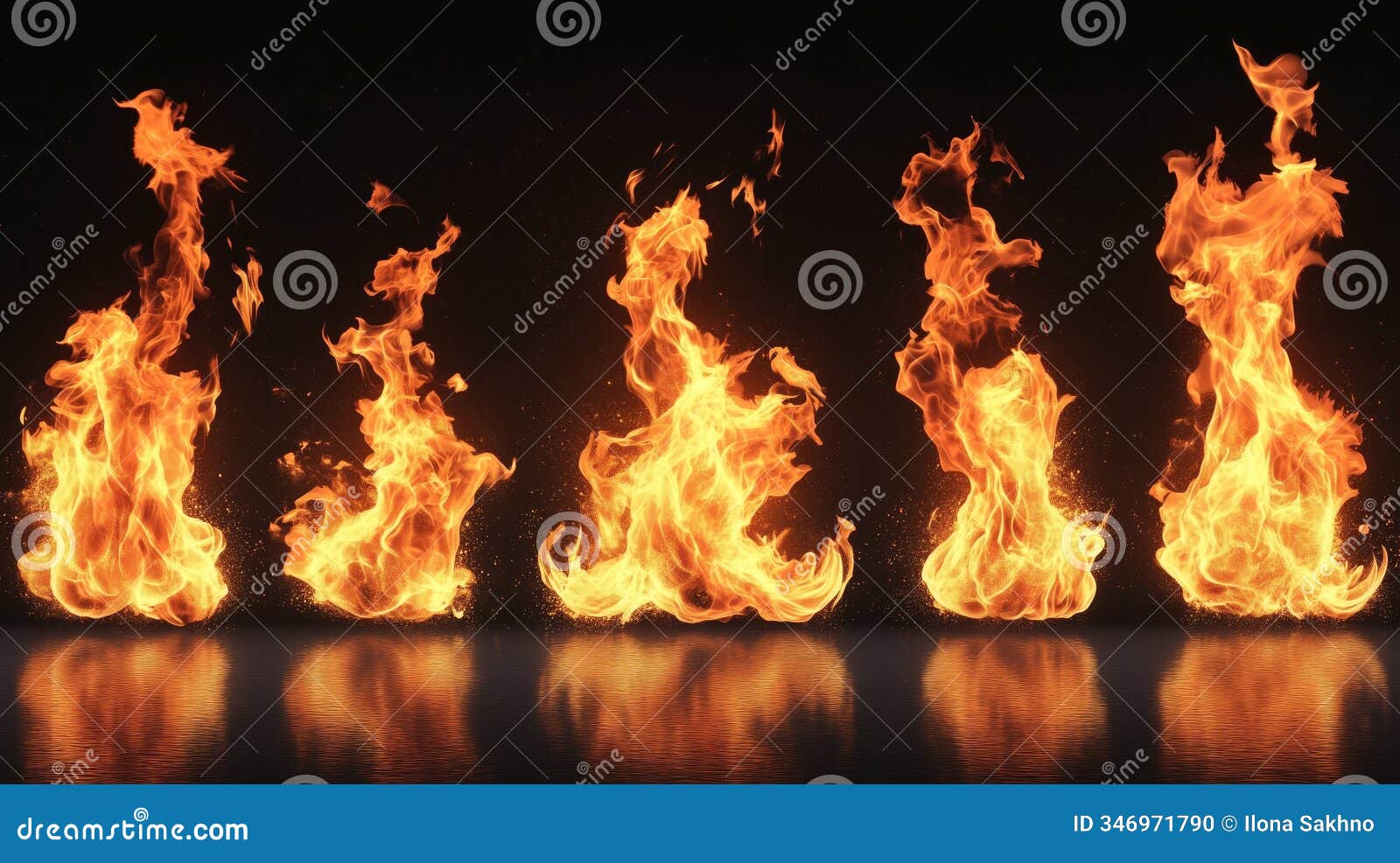 Sequence of Fire Flames Reflected on a Dark Surface with a Dramatic ...