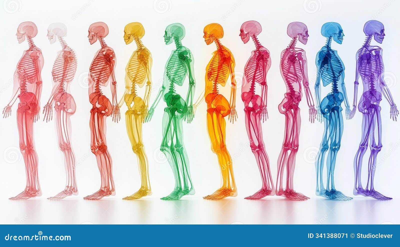 A Gradient of Transparent Human Skeletons in Various Colors in a ...