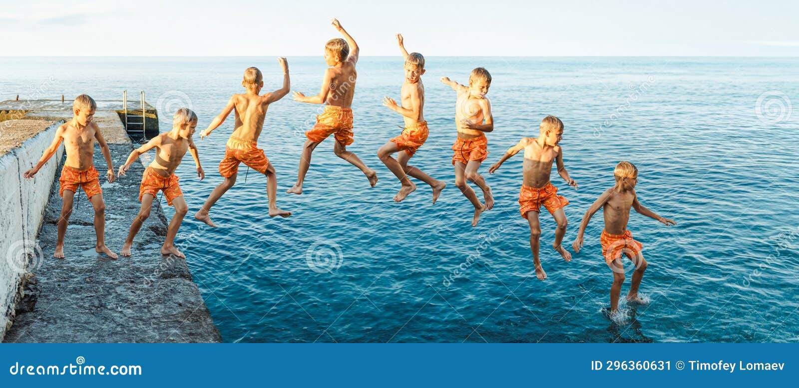 Sequence of Jump. Moments of Schoolboy Jumping from Pier into Sea Doing ...