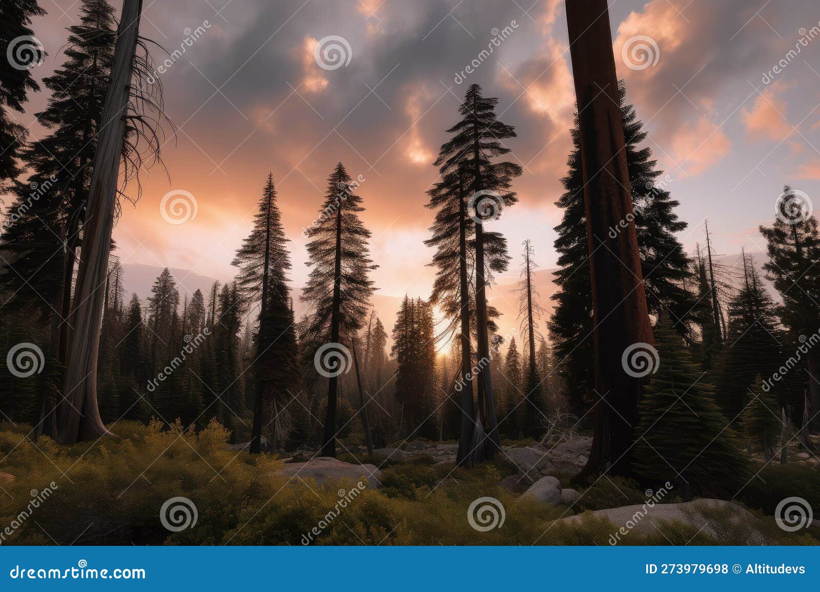 Sequoia Forest at Sunset, with Dramatic Sky and Clouds Stock ...