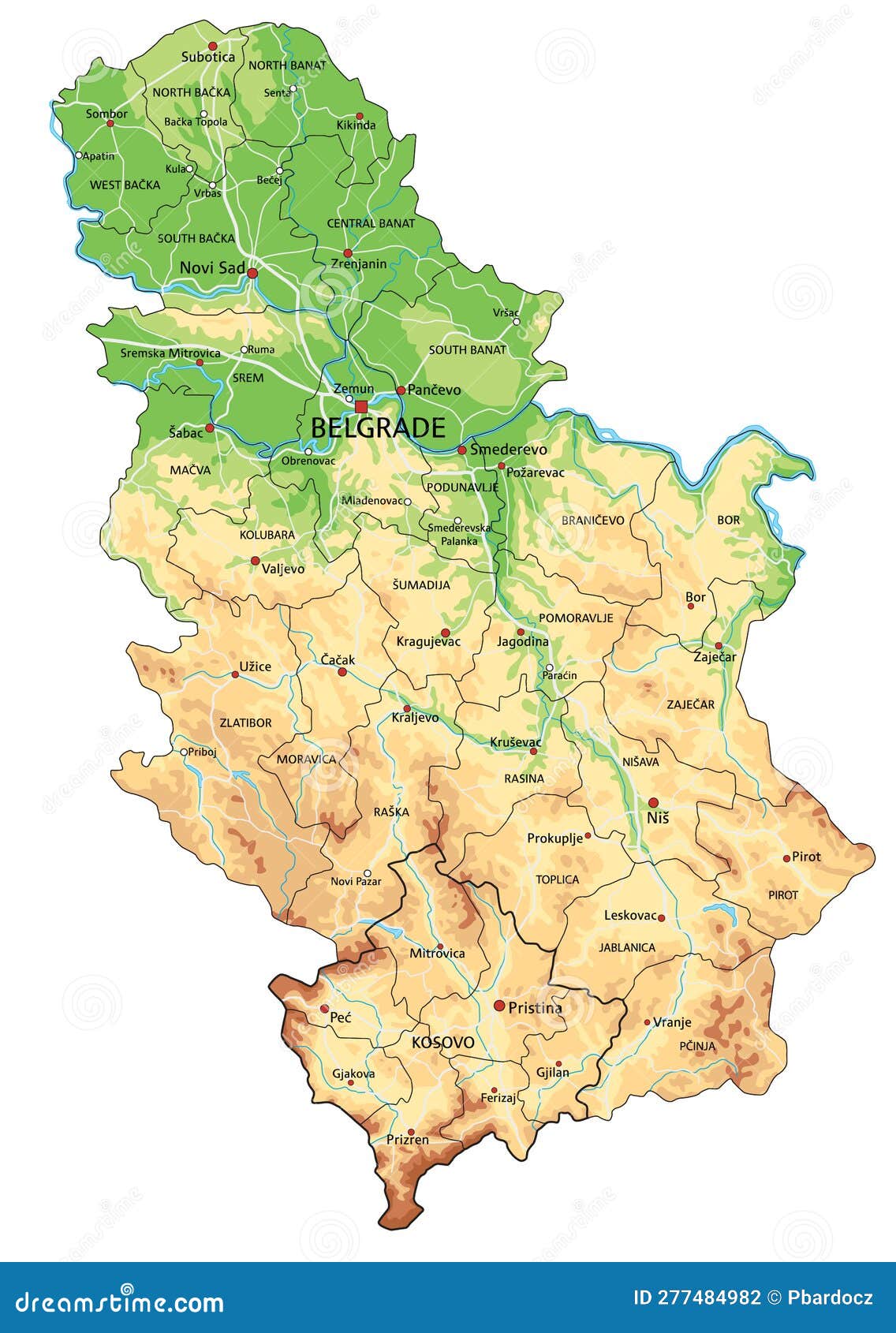 Detailed Serbia Physical Map with Labeling. Stock Vector - Illustration ...