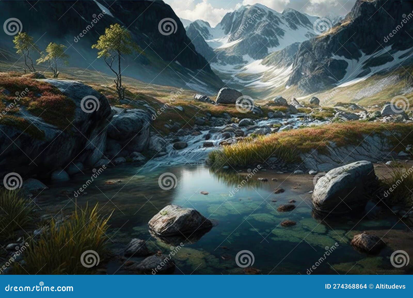Serene Alpine Setting, with Waterfall and Stream Visible in the ...