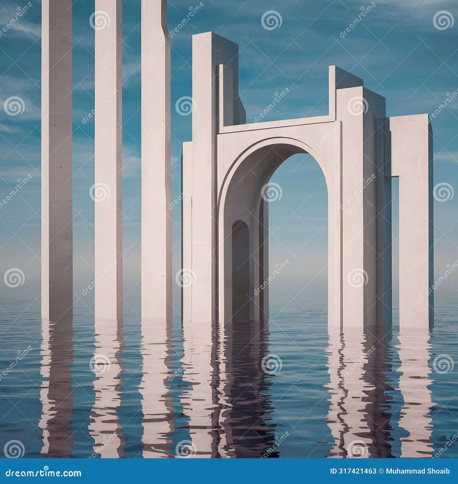 Serene Architectural Scene with White Columns, Arched Gateway, Clear ...