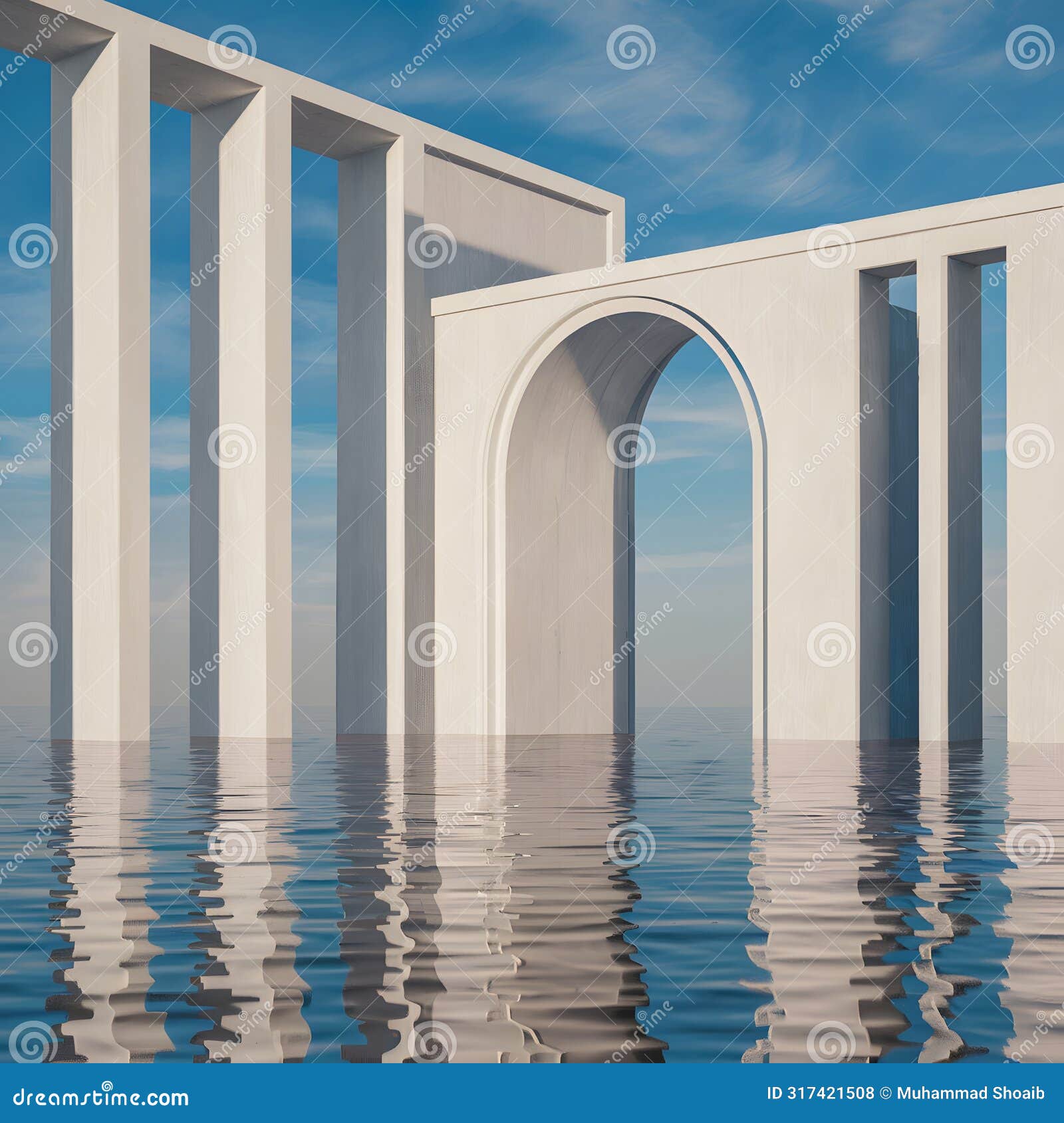 Serene Architectural Scene with White Columns, Arched Gateway, Clear ...