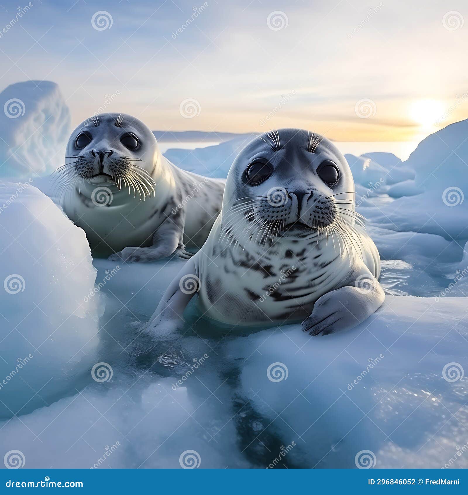 Two seals lying on ice stock illustration. Illustration of scene ...