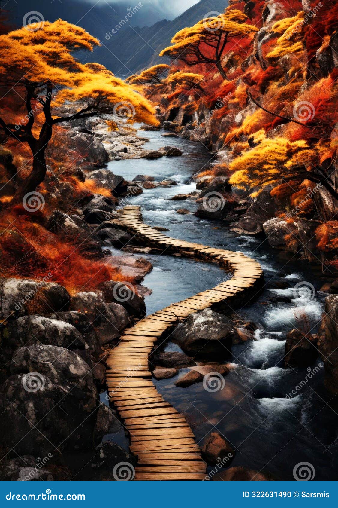 Serene Autumn Pathway Over Rocky River in Mountains with Vibrant Fall ...