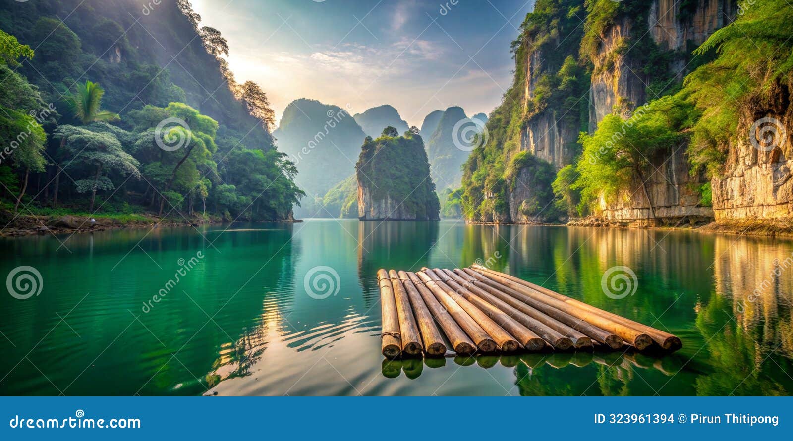 A Serene Bamboo Raft on a Crystalclear Lake Surrounded by Towering ...