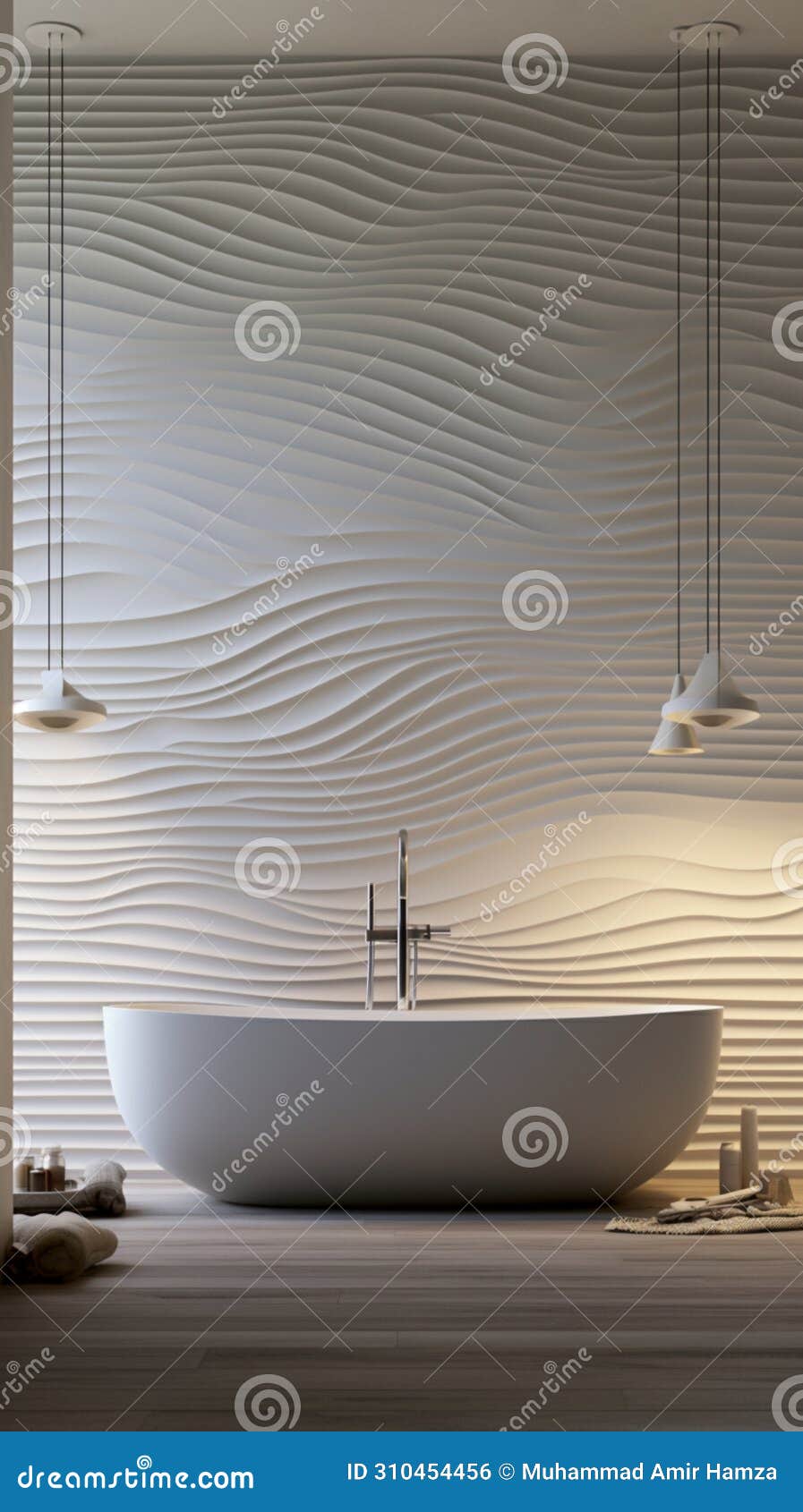 A Serene Bathroom Featuring a 3D Wave Pattern on the Walls, Stock ...