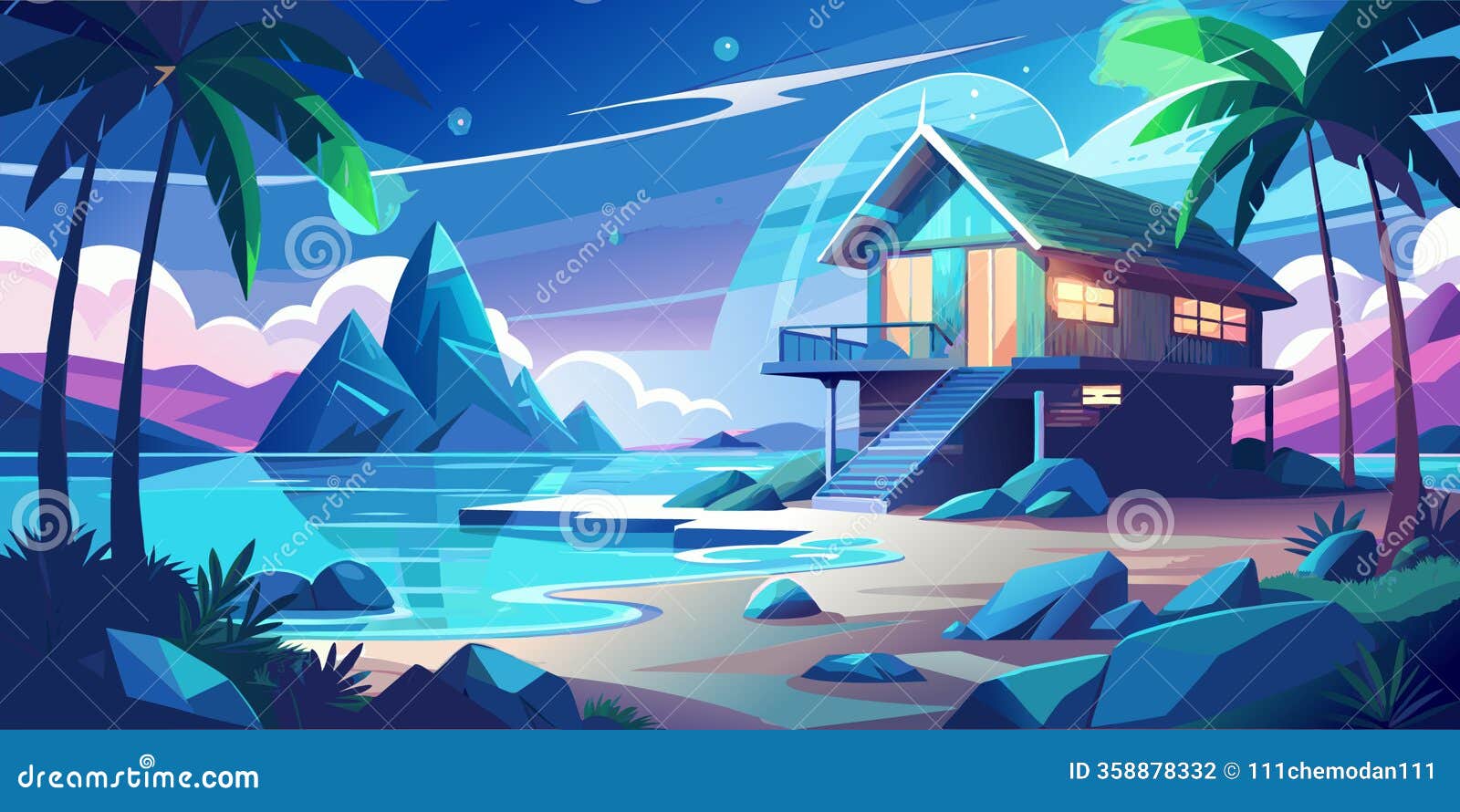 Serene Beach Scene with a Small House Under the Moonlight and Palm ...