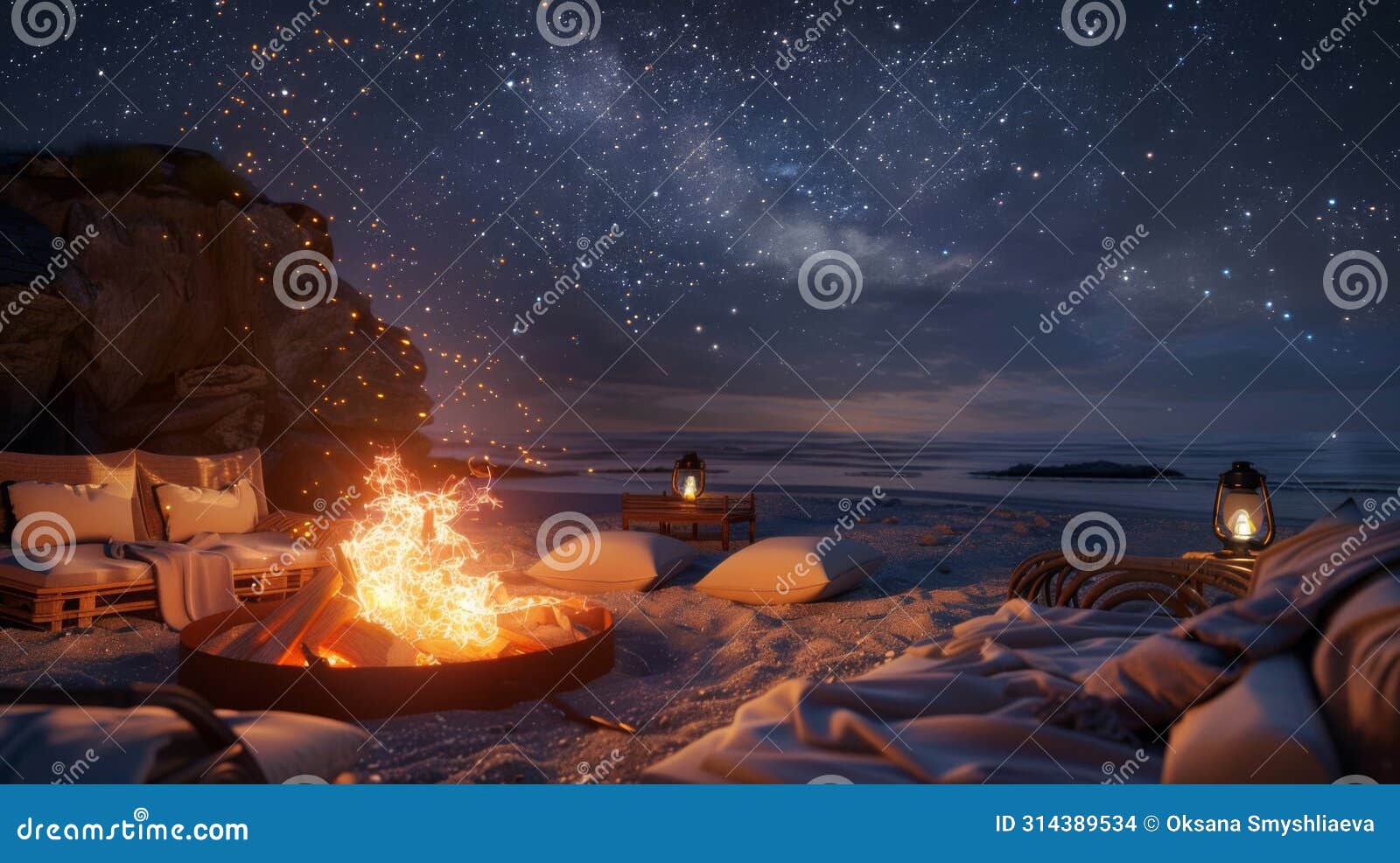 Serene Beachside Bonfire Under Starry Night Sky Stock Photo - Image of ...