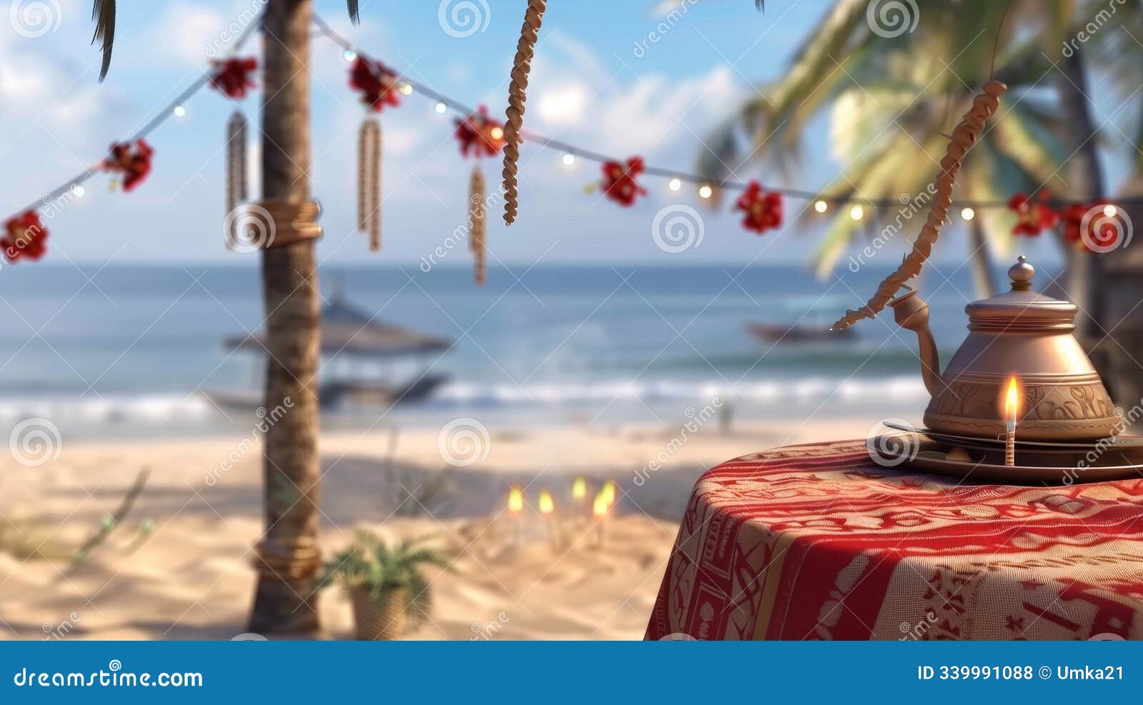 Serene Beachside Tea Setting with Palm Trees and Ocean View Stock ...