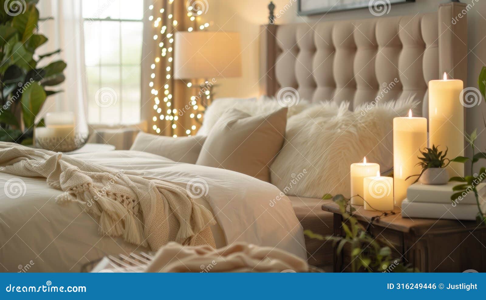 A Serene Bedroom with an LED Candle Array on the Bedside Table Creating ...