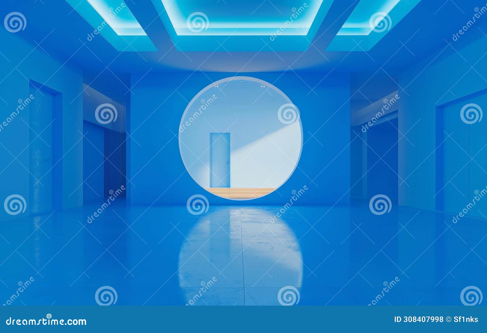 A Serene Blue Atrium with a Central Circular Opening that Frames a ...