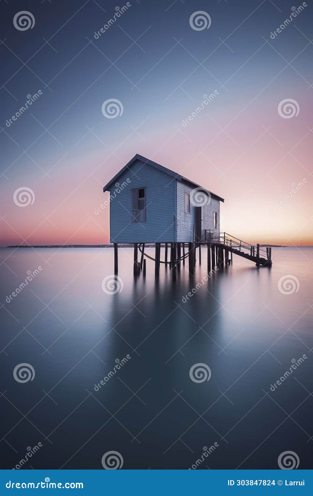 Serene Blue Boathouse on Stilts, Reflecting in Calm Waters Under a ...