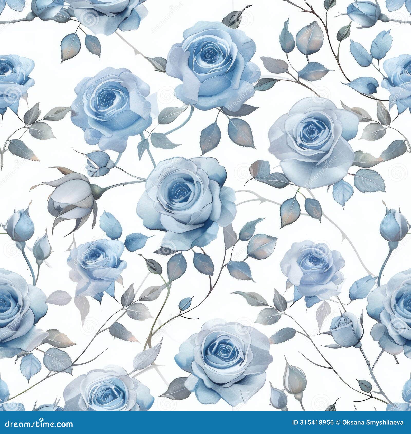 Serene Blue Roses Pattern on White Background Stock Photo - Image of ...