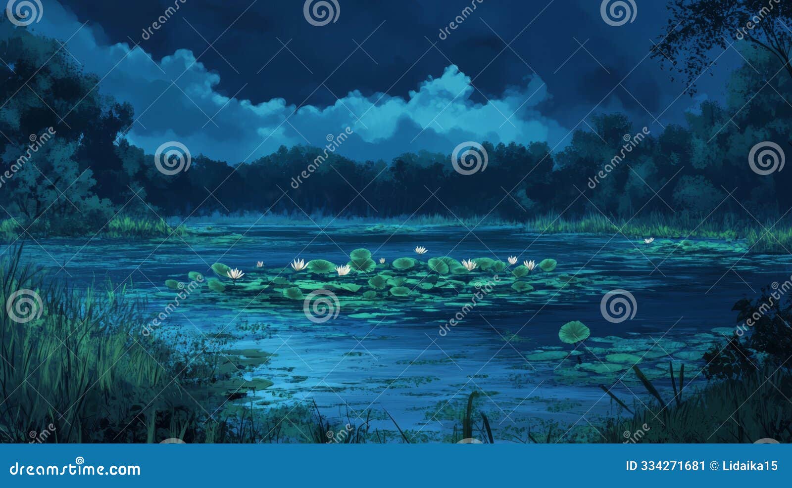 Serene Blue Swamp Landscape Stock Illustration - Illustration of serene ...