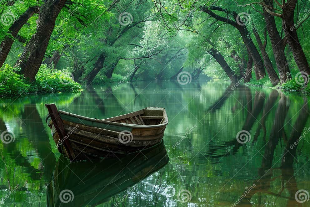 Serene Boat on a Calm River Surrounded by Lush Greenery Stock ...