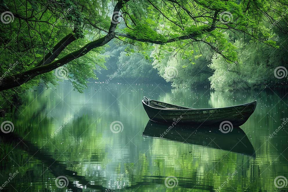 Serene Boat on a Calm River Surrounded by Lush Greenery Stock ...