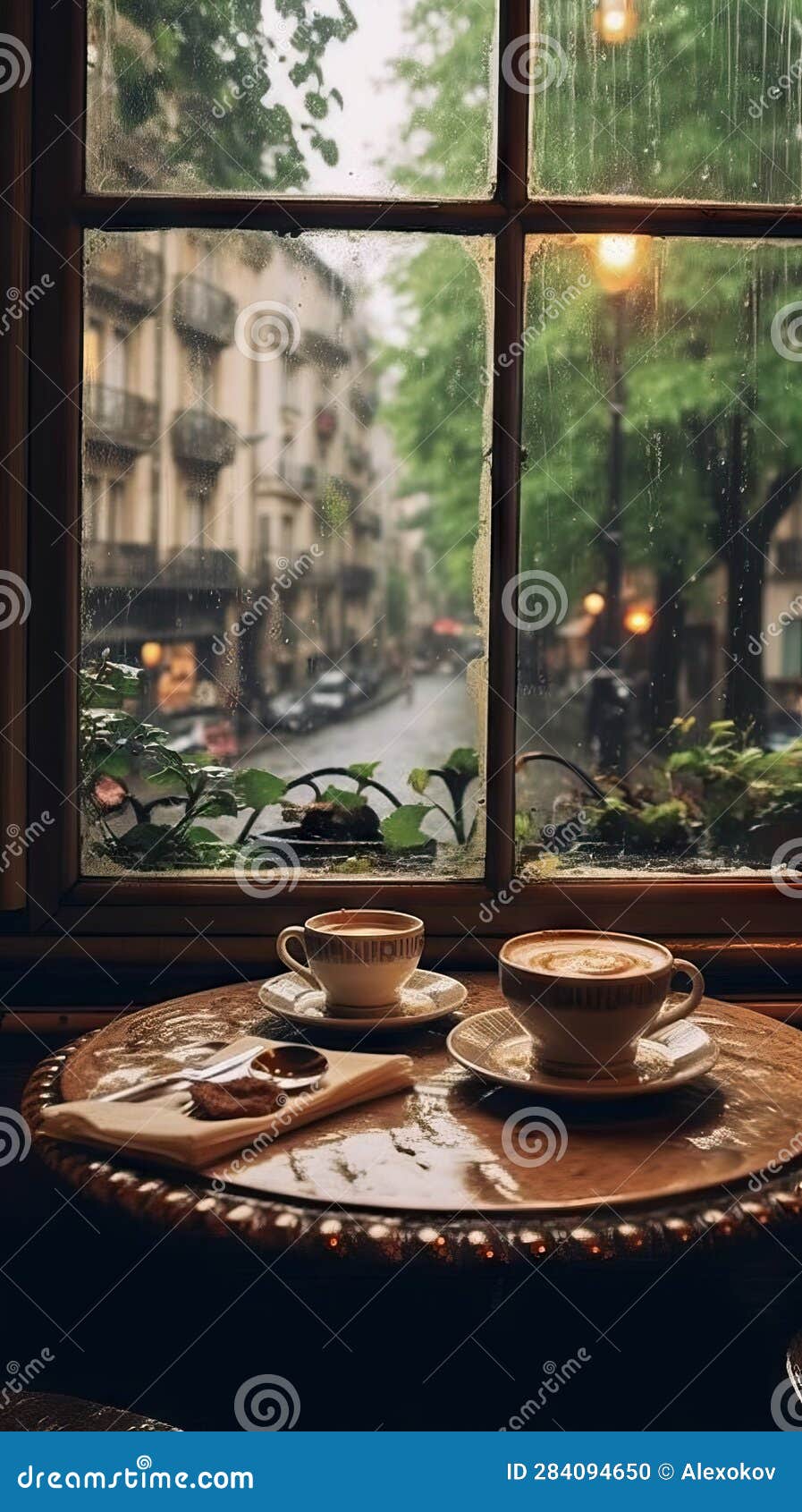 Serene Cafe on Rainy Day through Window AI Generated Stock Illustration ...