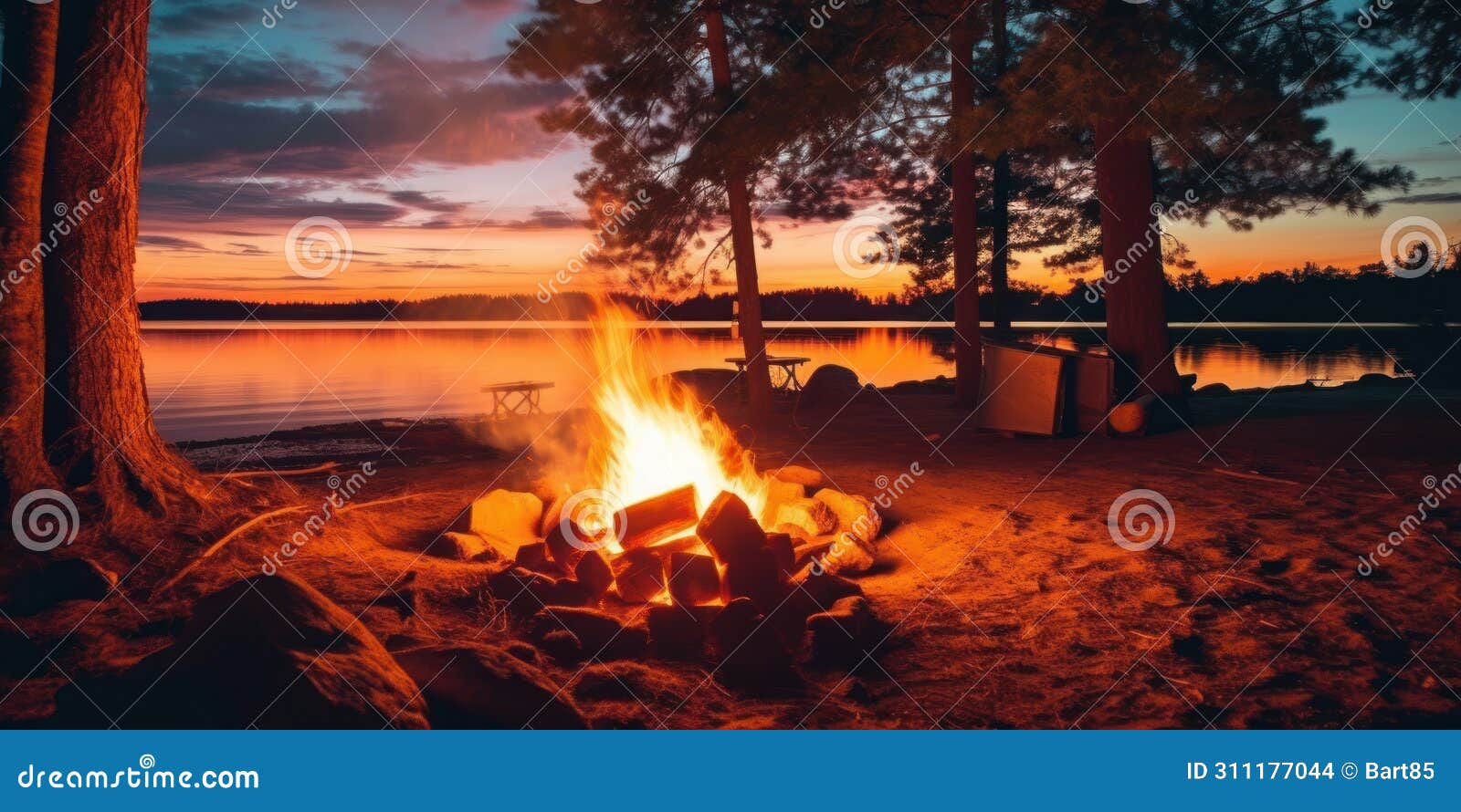 Serene Camping Cozy Campfire By The Lake At Sunset. Generative AI Royalty-Free Stock Image ...