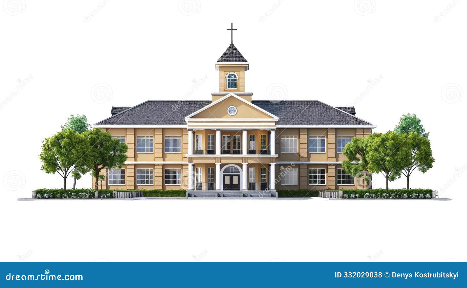 Serene Classical School Building at Twilight Isolated on White ...