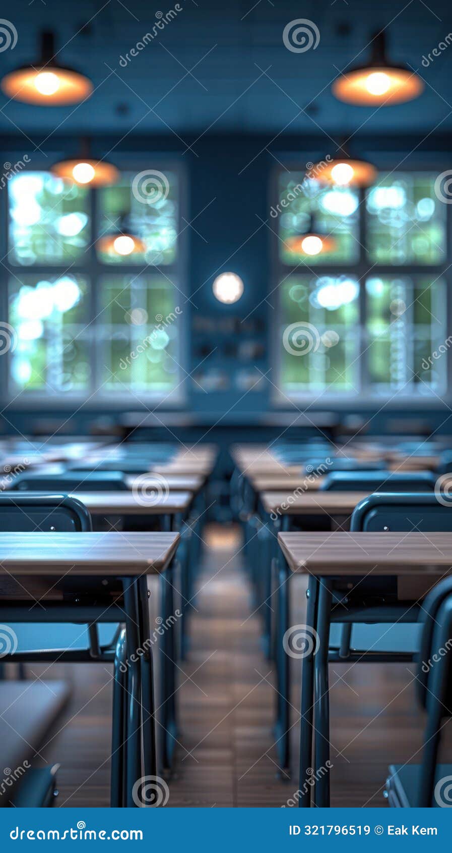 Serene Classroom with Empty Desks, Soft Lighting, and Large Windows ...