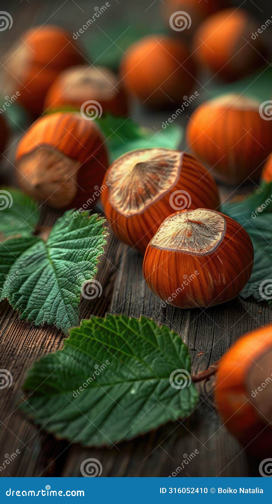 Fresh Hazelnuts in Shells Arranged with Green Leaves on Wooden Table in ...