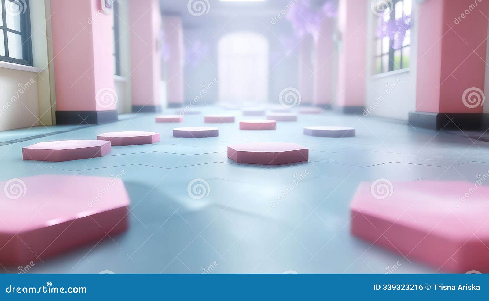 A Serene Corridor with Hexagonal Tiles in Soft Colors, Illuminated by ...