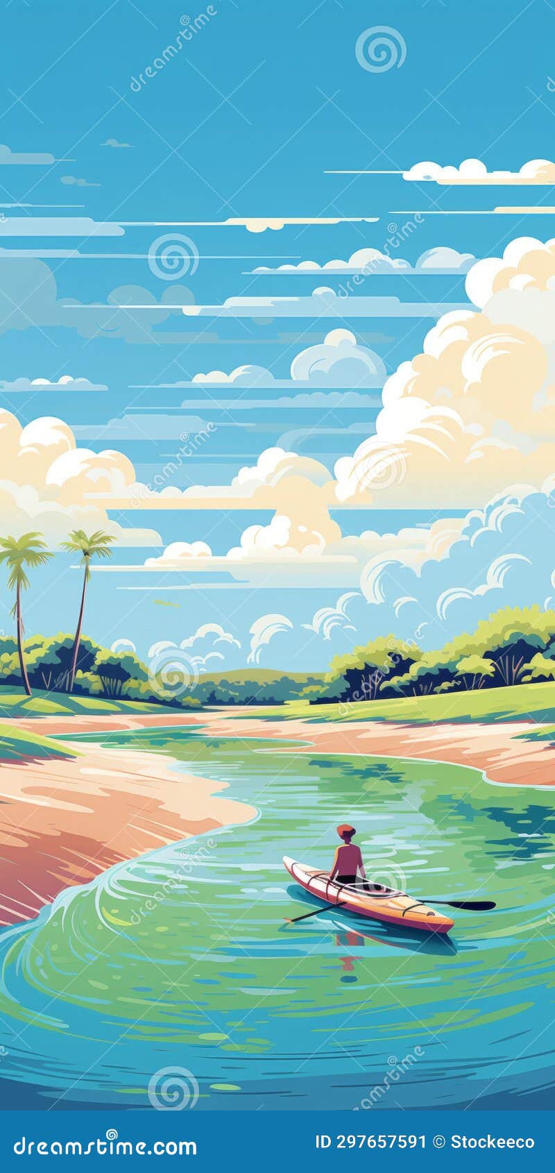Enigmatic Tropics: a Detailed Illustration of a River in Mid-century Style Stock Illustration ...