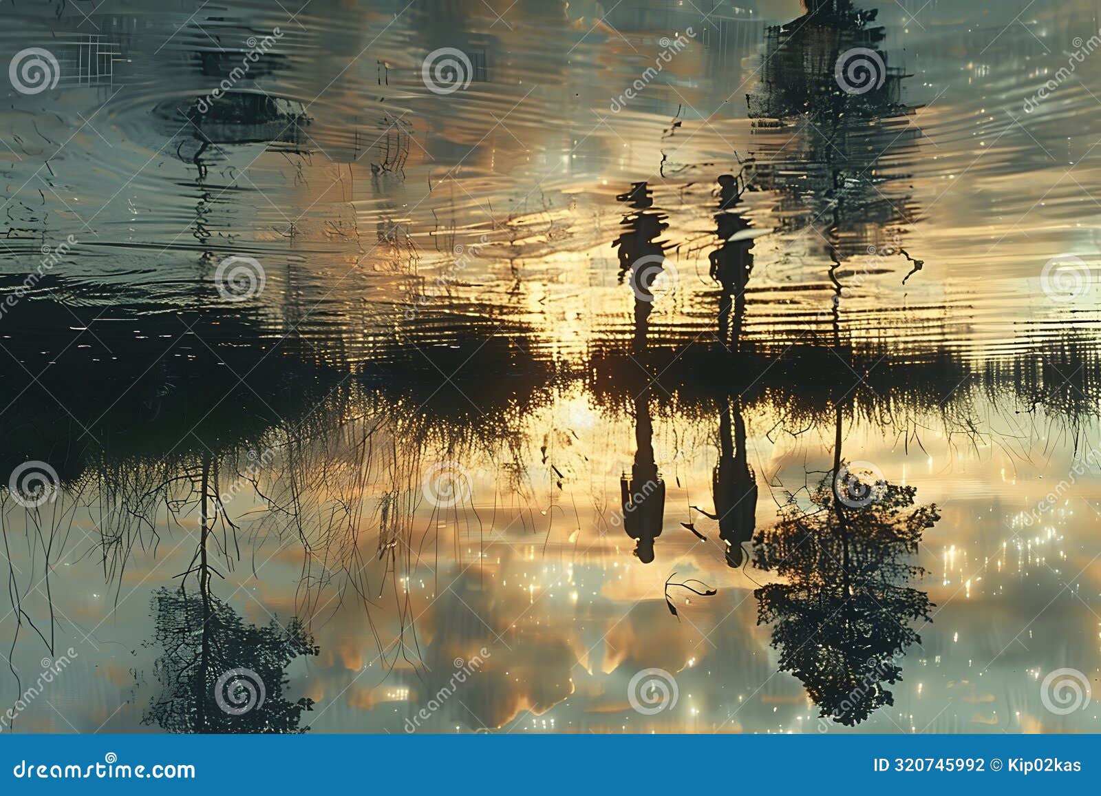 Reflective Silhouette at Sunset Near Water with Sparkling Lights ...