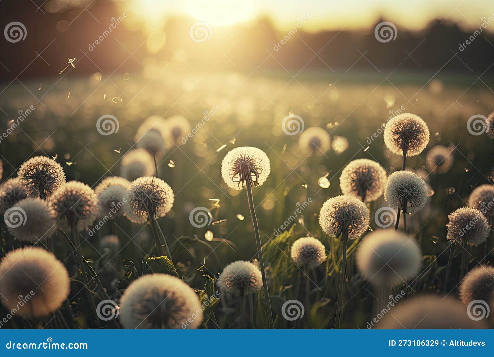 Serene Field of Dandelions with the Sun Shining Down on Them Stock ...
