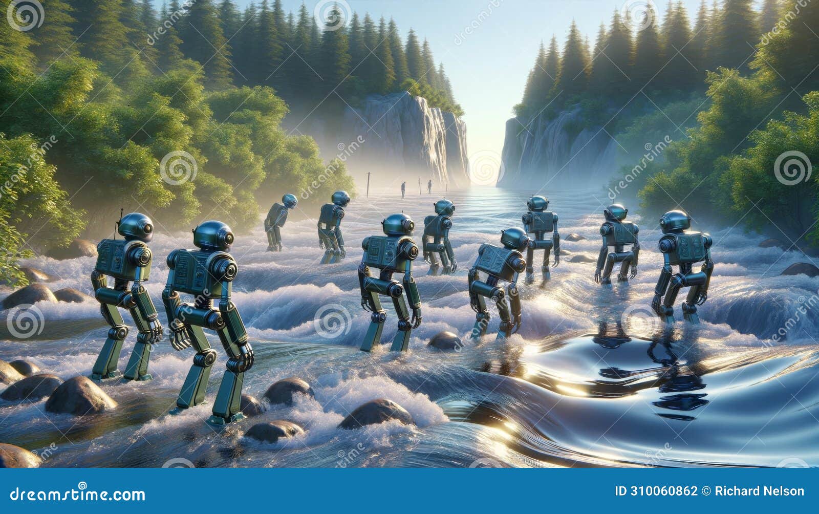 Robots Crossing River in Forest Landscape Stock Illustration ...