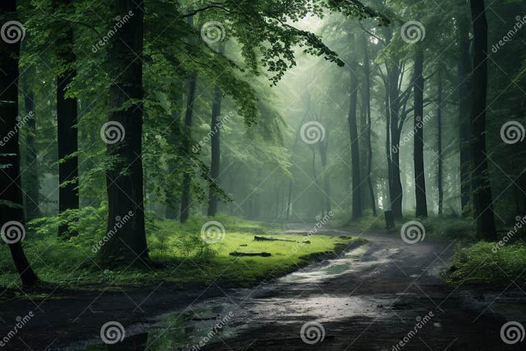 Serene Forest after Light Drizzle Stock Illustration - Illustration of ...