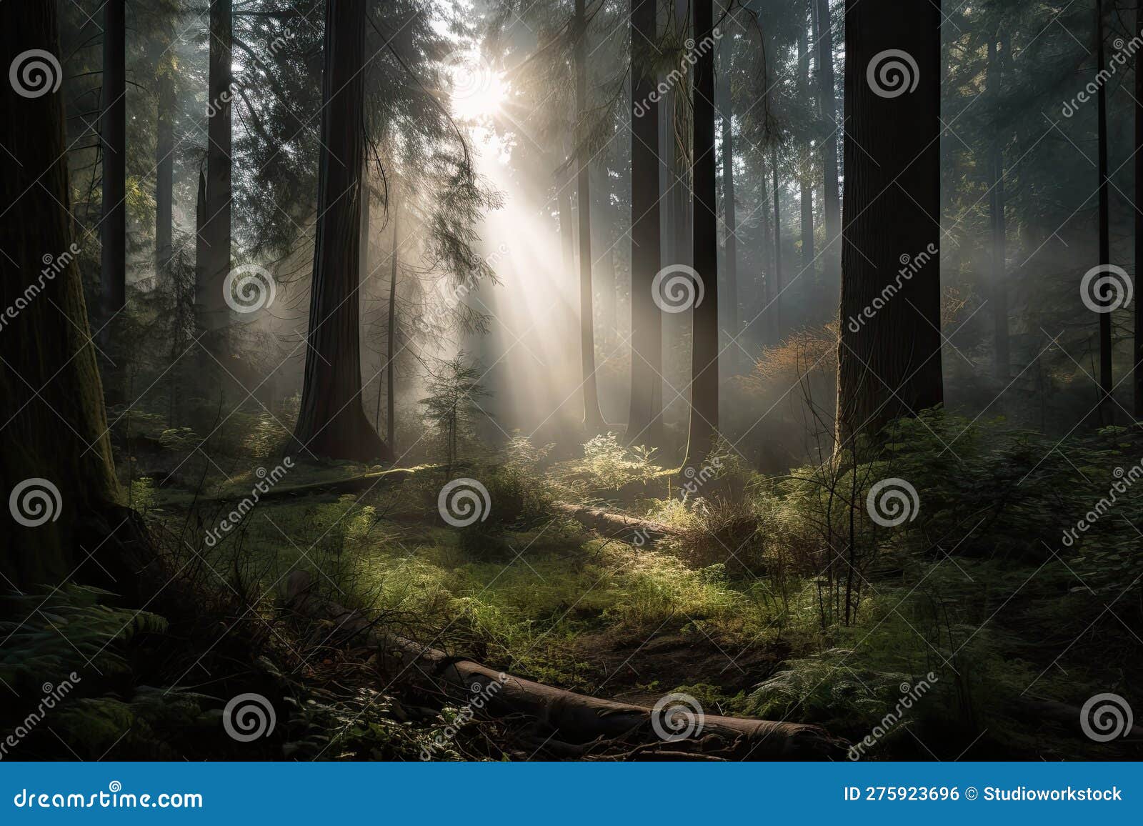 Serene Forest, with Mist Rising from the Ground and Sunlight Filtering ...