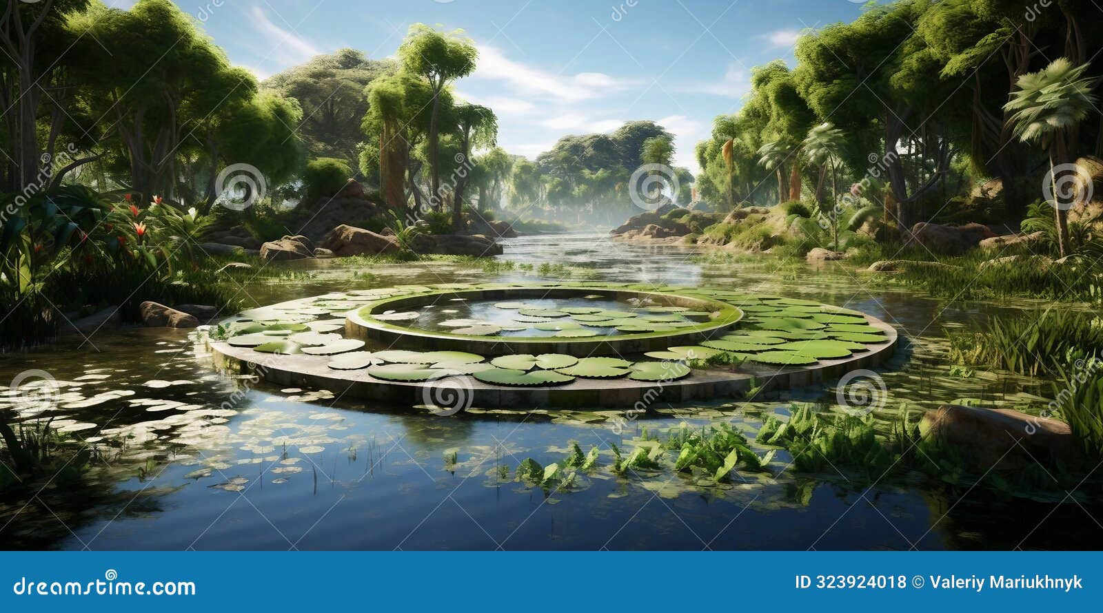 Serene Forest Oasis Featuring a Floating Moss Island in Calm Waters ...