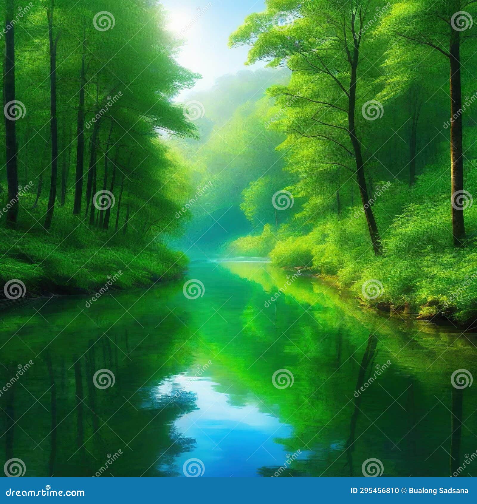 Serene Forest River with Reflections Stock Illustration - Illustration ...