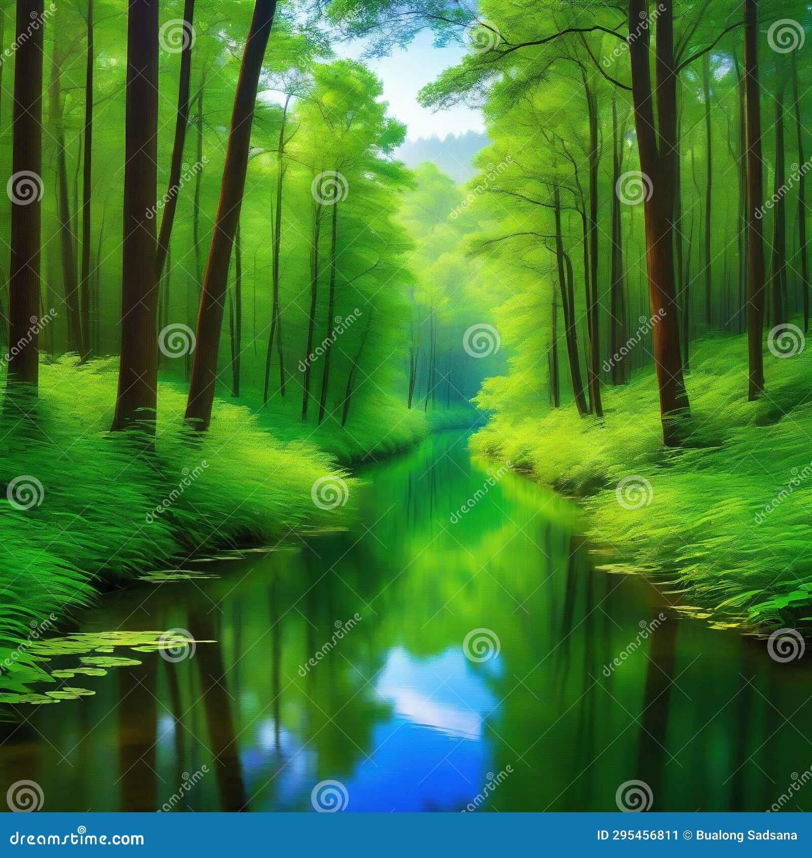 Serene Forest River with Reflections Stock Illustration - Illustration ...