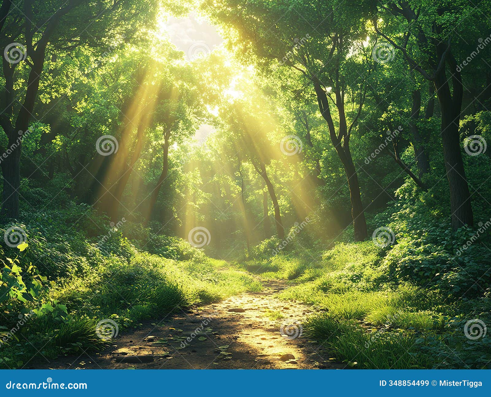 A Serene Forest Scene Under Bright Sunlight, with a Meandering Path ...
