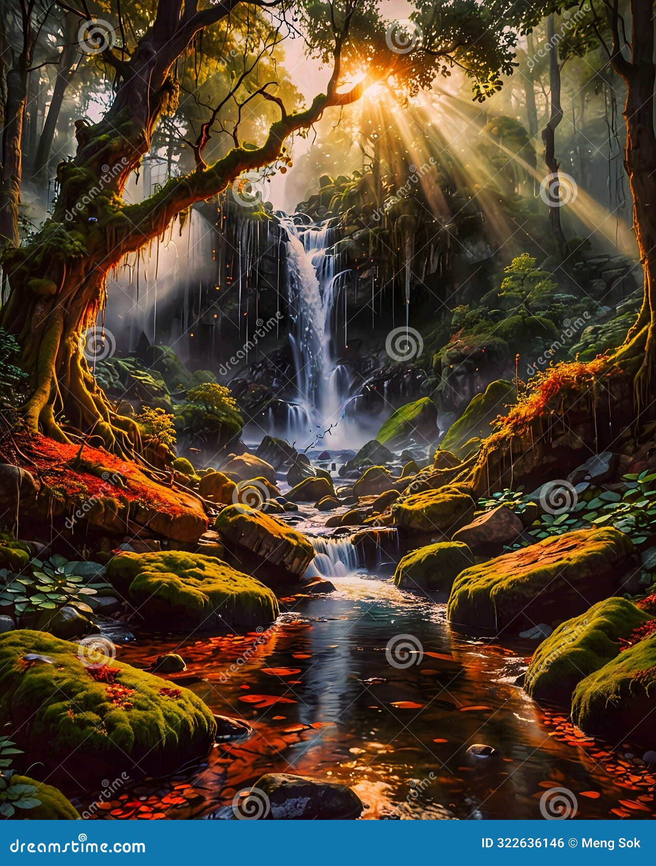 A Serene Forest Scene with a Waterfall, Trees, and Mossy Rocks. Stock ...