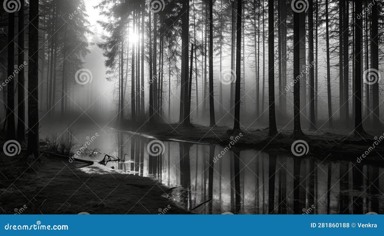 Serene Forest Trees with Reflection in the Water at Dawn Stock ...