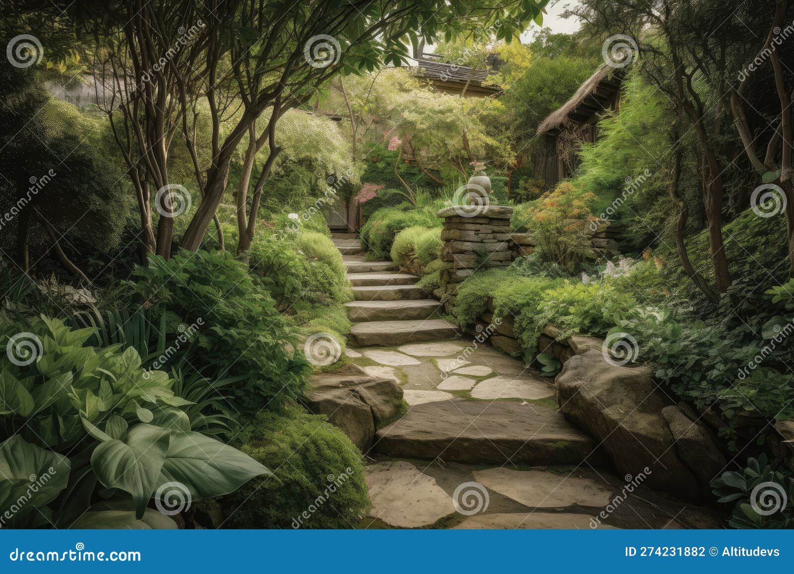 Serene Garden with Lush Foliage and Stone Pathways Twisting through the ...