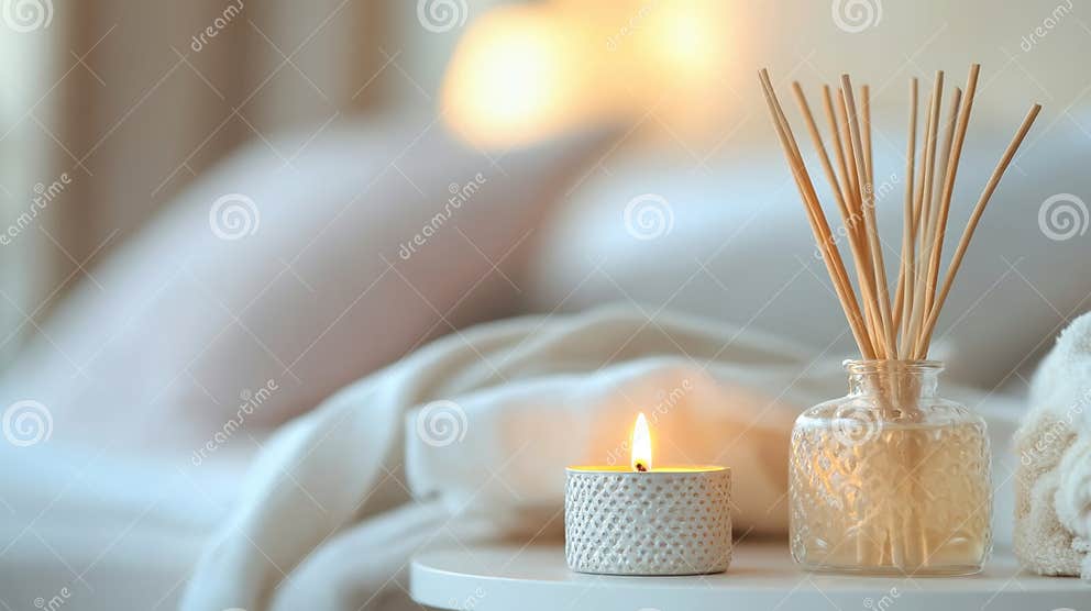 Serene Home Spa Setting with Lit Candle and Aromatic Diffuser Stock ...