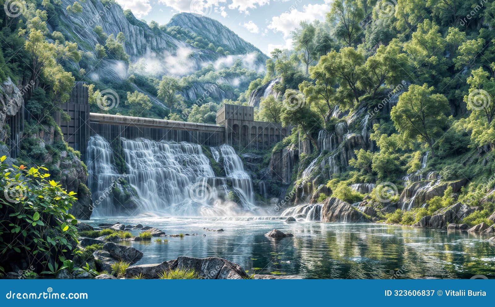 Serene Hydroelectric Dam With Waterfalls In Lush Forest Setting ...