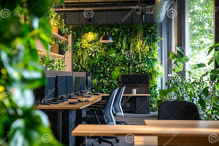 Inviting Office Space with Plants and Technology for Modern Work ...