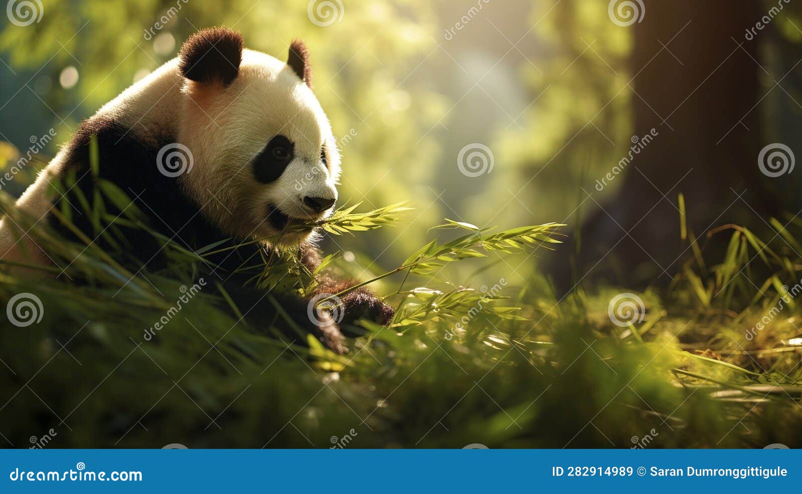A Tranquil Panda Munching on Bamboo in a Warm, Sunlight-filled Forest ...