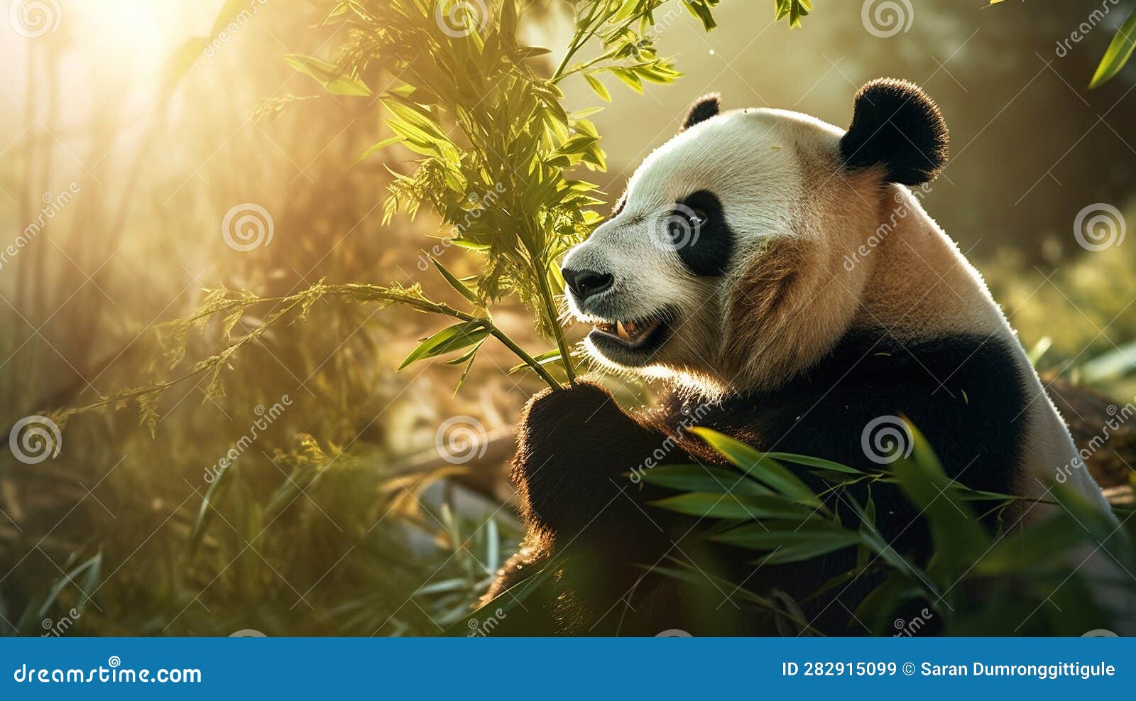 A Tranquil Panda Munching on Bamboo in a Warm, Sunlight-filled Forest ...